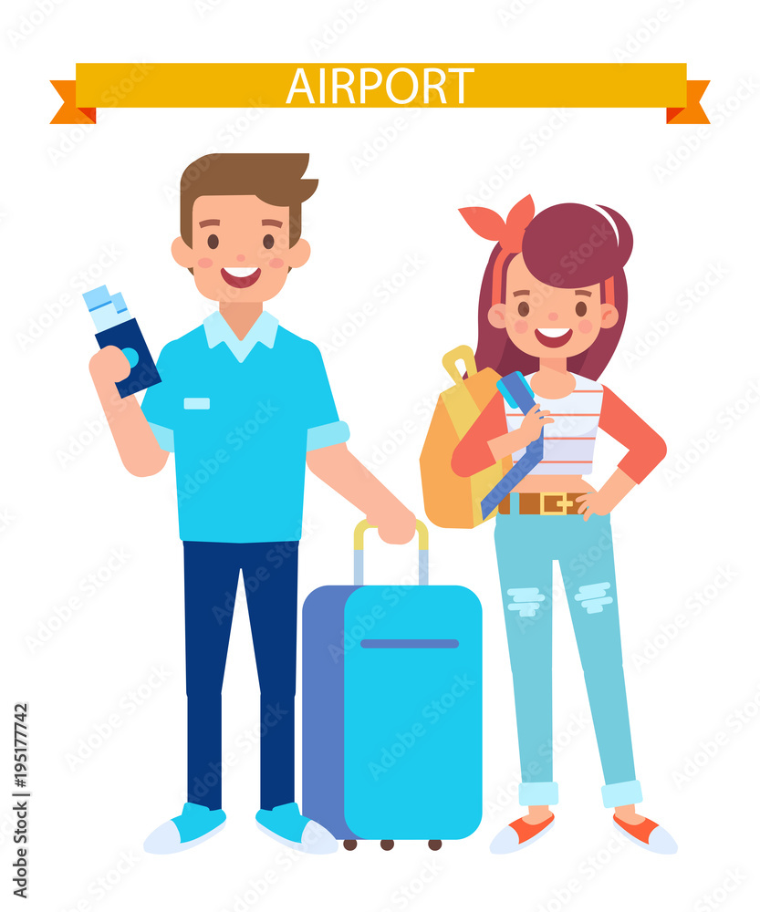 Young couple travel together. Guy and girl with luggage ready for trip ...