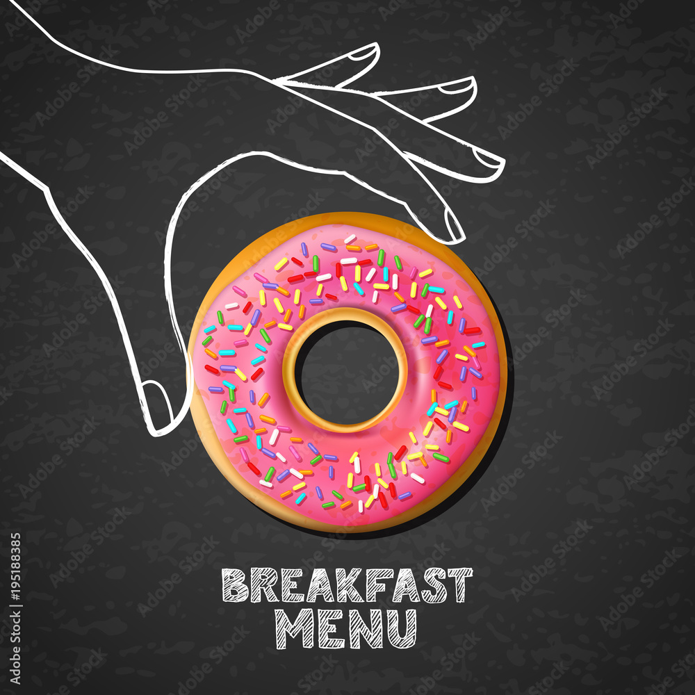 Breakfast menu concept. Tasty pink glazed donut in hand drawn ...
