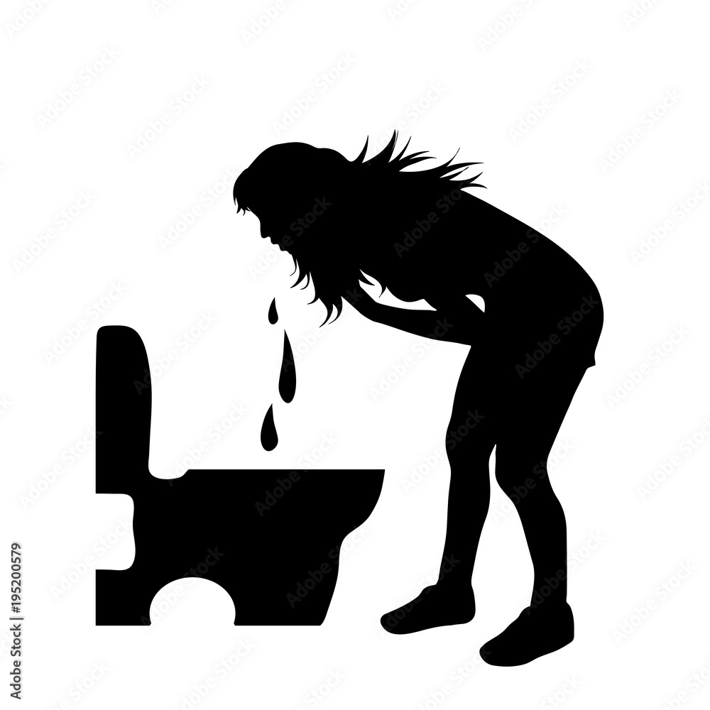 Vector silhouette of woman who vomit to toilet on white backgtround ...