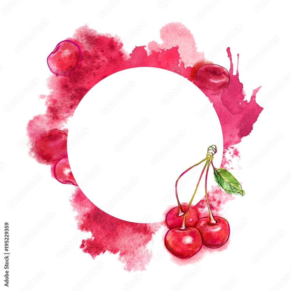 Cherry and juicy splash on white background. Hand-painted watercolor ...