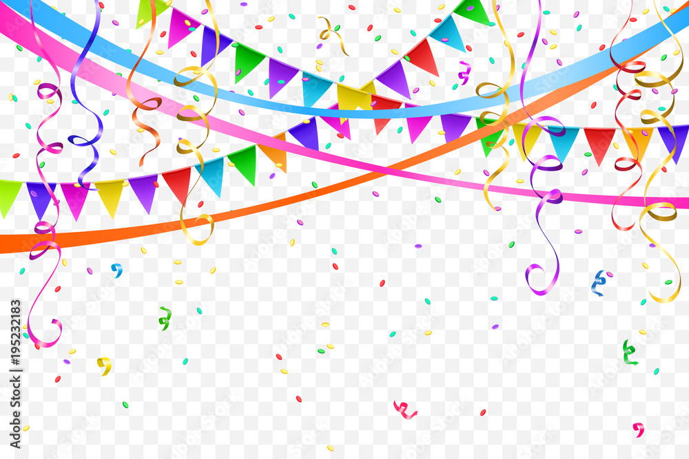 Festive design. Border of colorful bright confetti and flags garlands ...