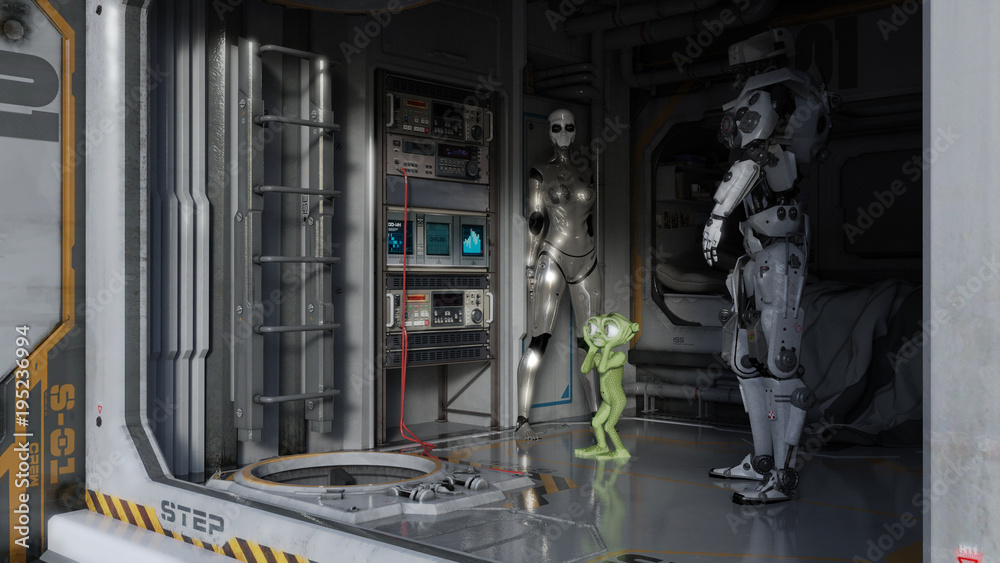 Space Ship Crew Quarters with Alien Traveler Science Fiction 3D Render ...
