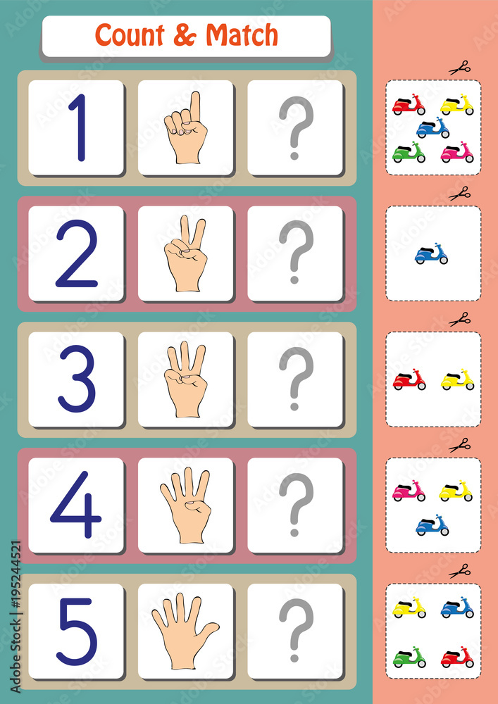 math worksheet for kindergarten kids, count and match Stock Vector ...