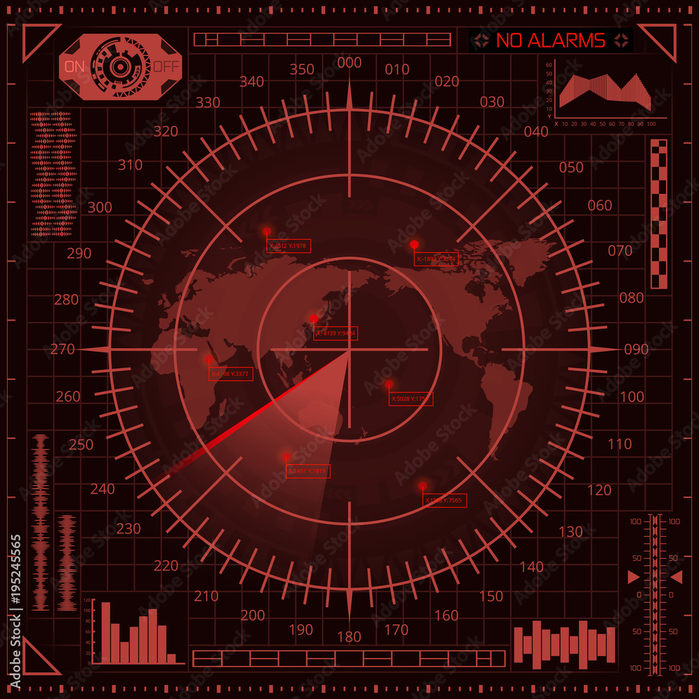 Digital radar screen with world map, targets and futuristic user ...