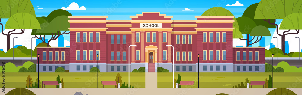 School Building And Empty Front Yard With Green Grass And Trees ...
