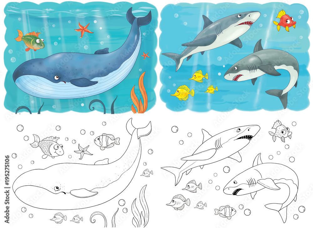Cute sea animals. Ocean. Coloring book. Coloring page. Funny cartoon ...
