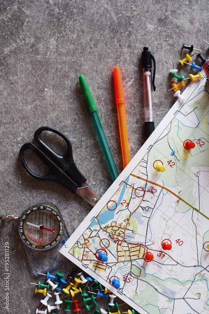 Top view of colorful topographic map for orienteering or rogaining ...