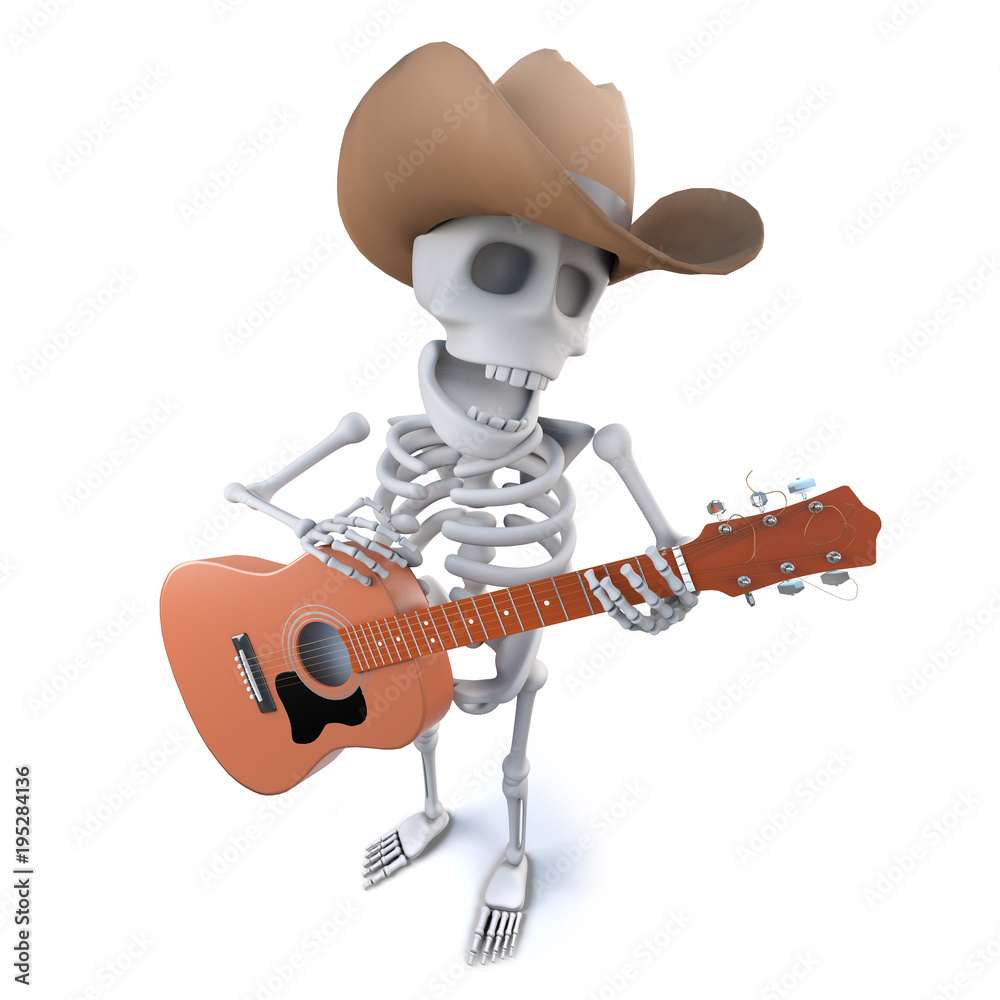 3d Funny cartoon skeleton character wearing a cowboy hat and playing ...