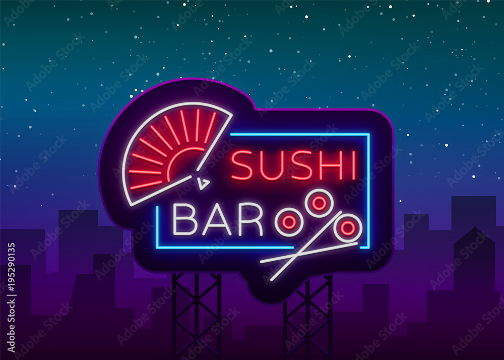Vector neon sign logo Sushi bar, Asian fast-food street in a bar or ...