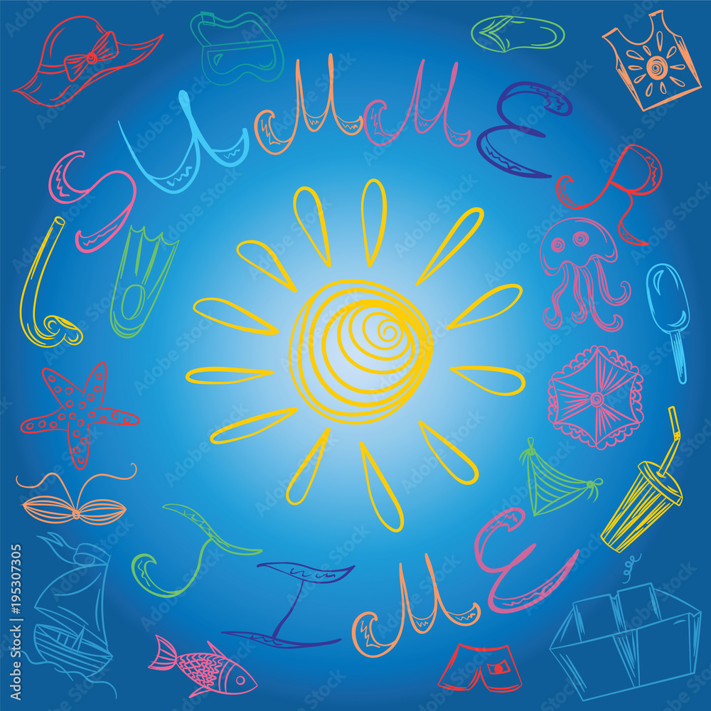 Hand Drawings of Summer Symbols and Sun on Blue Background. Vector ...