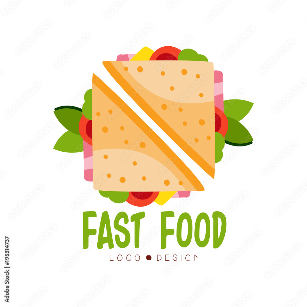 Fast food logo design, badge with sandwich sign, fast food menu vector ...