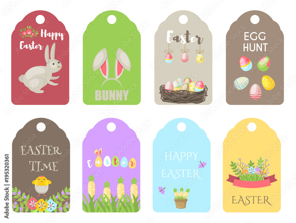 Easter gift tags vector labels with cute cartoon characters spring ...