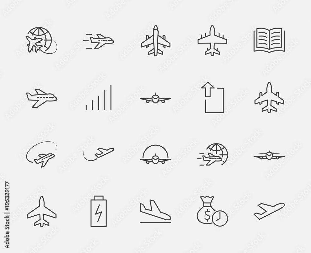 Set of plane vector line icon. It contains symbols to aircraft, globe ...