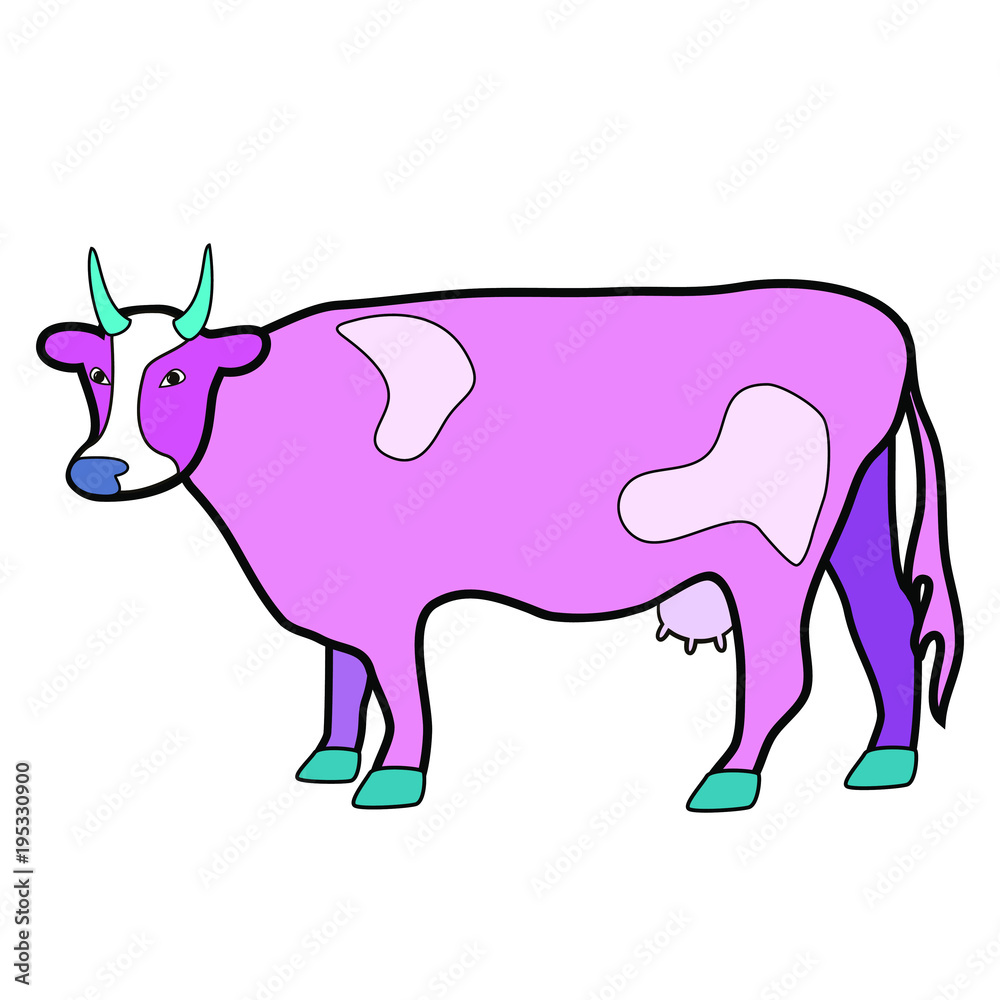A cow with an udder. Illustration in pink tones. Isolated image on ...