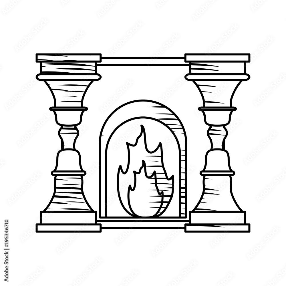 sketch of Home fireplace with fire over white background, vector ...
