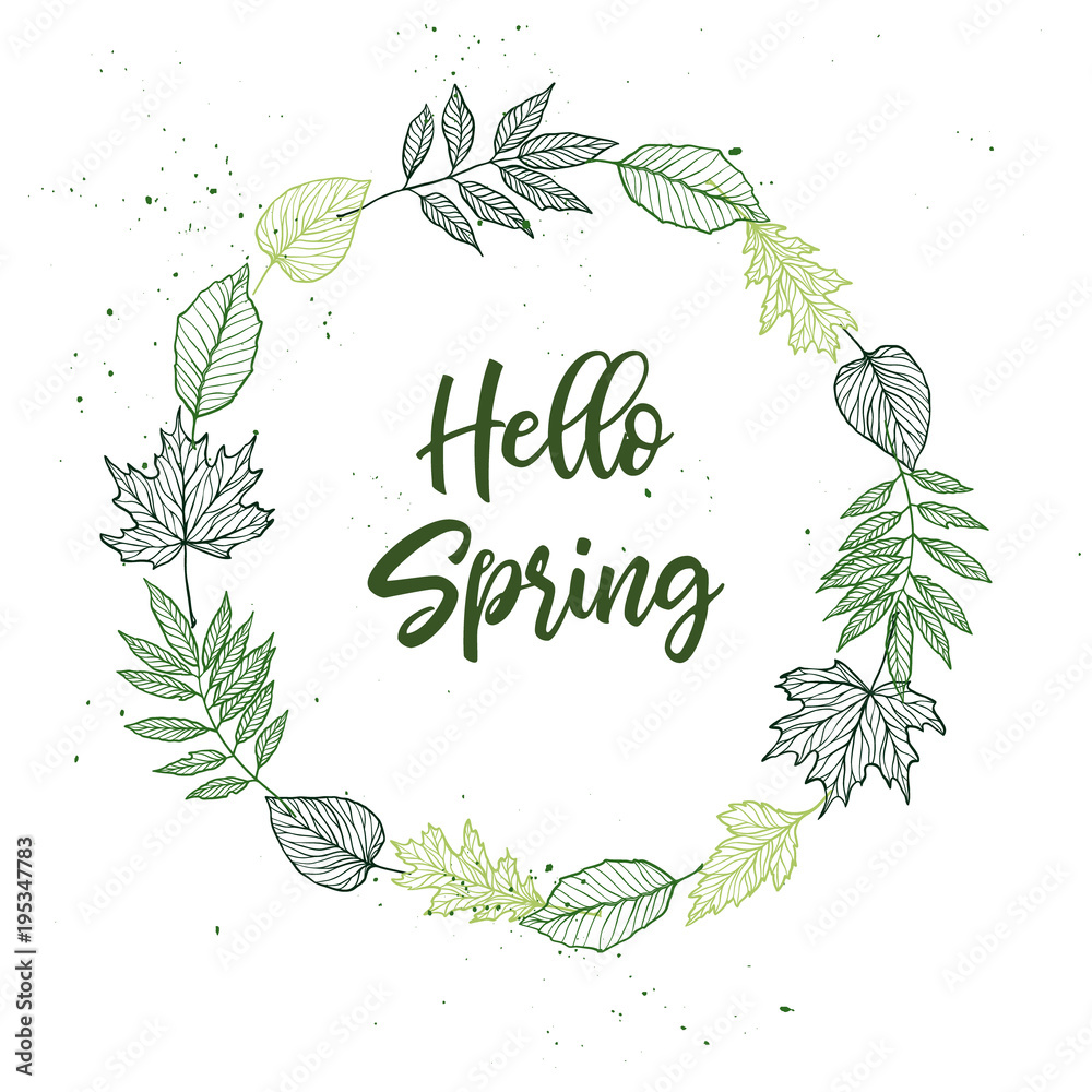Hand drawn vector illustration. Spring label with green leaves, herbs ...