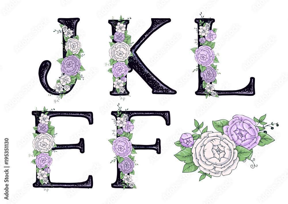 Letters with lilac, white and purple peonies. Flower alphabet. Vector ...