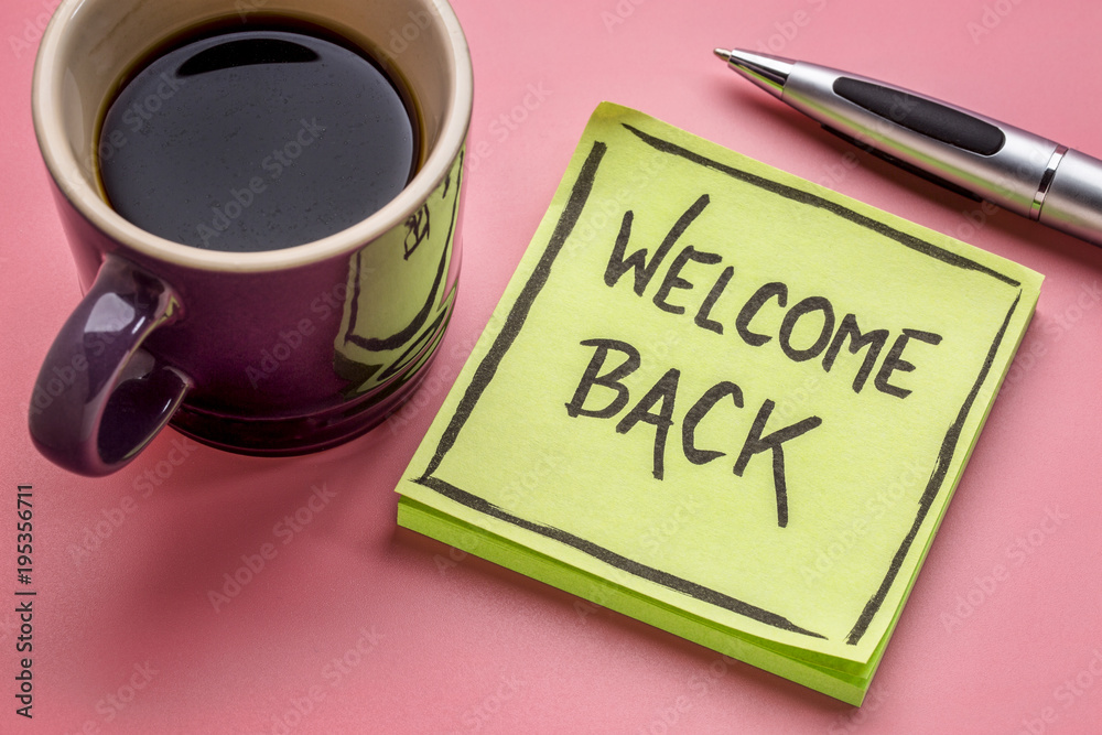 welcome back on a sticky note Stock Photo | Adobe Stock