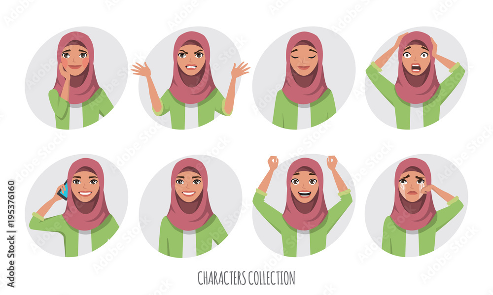 Muslim young woman wearing hijab. Set of emotions and poses Stock ...
