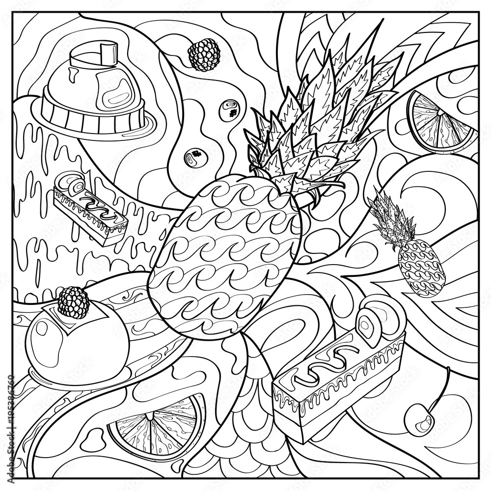 Drawing for coloring, page for coloring with desserts, pastries ...