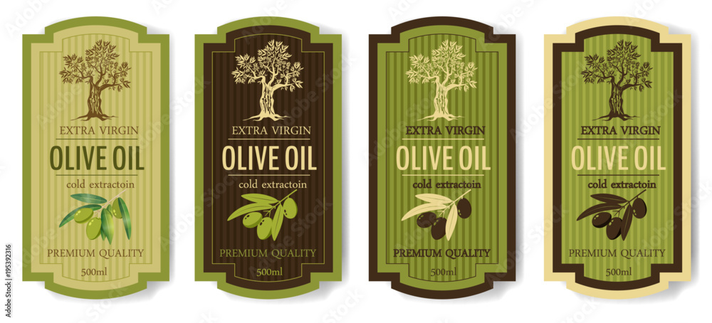 Set of labels for olive oils with olive tree, olive branch, isolated ...