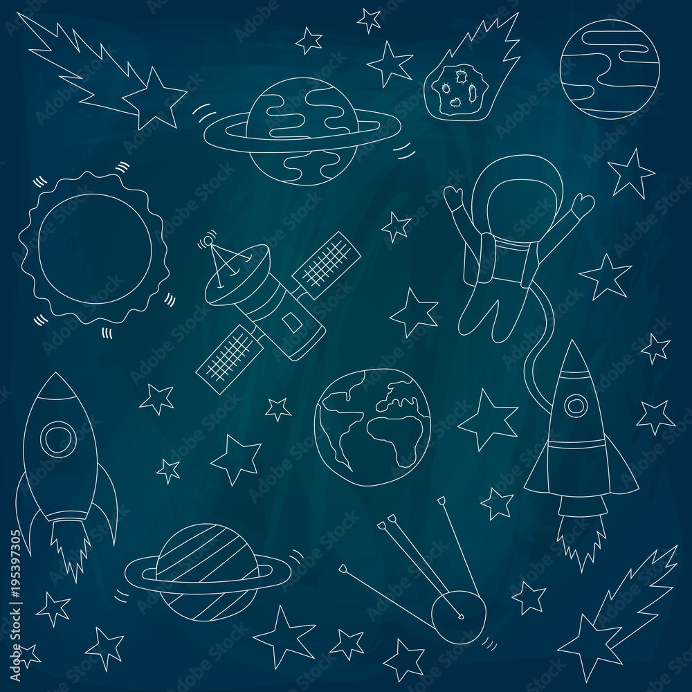 Set of vectors on a theme of space on a blue background. Stars and ...