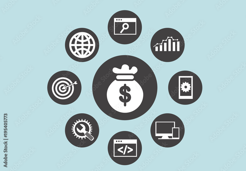 9 Circular Finance and Tech Icons Stock Template | Adobe Stock