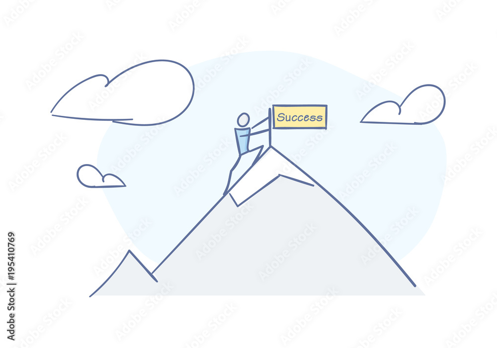 Stick man reaching top of the mountain representing success and ...