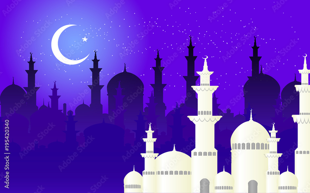 Beautiful mosque and crescent moon on blue mosque shadow background ...