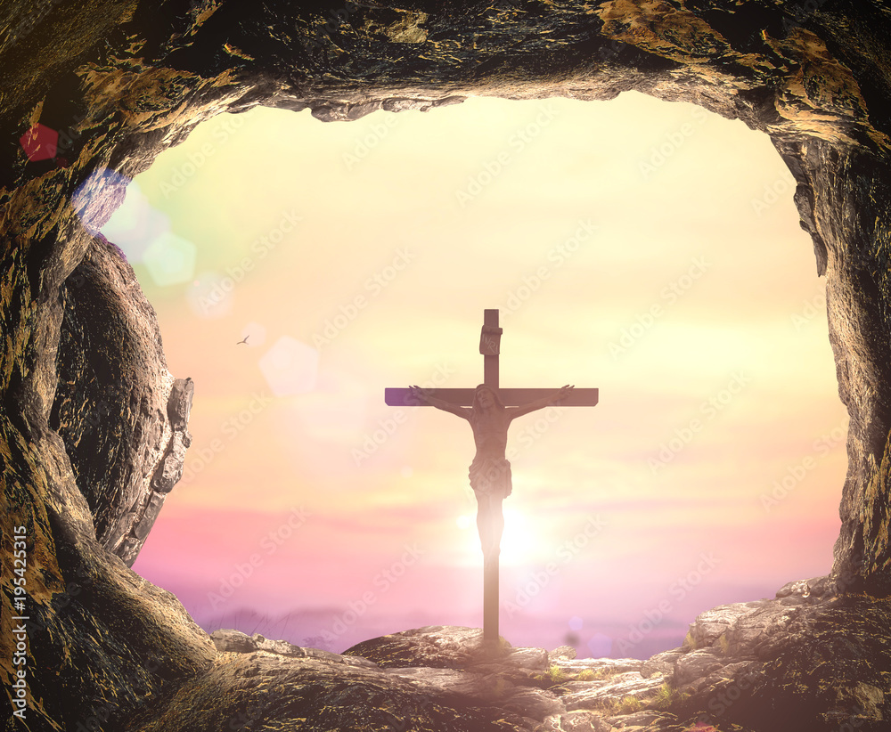 Good Friday concept: Empty tomb with Jesus Christ on cross Stock Photo ...