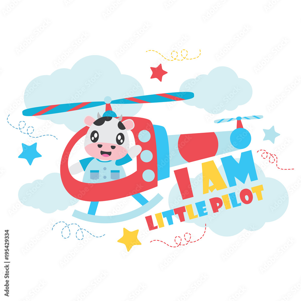 Cute cow as little pilot on helicopter vector cartoon illustration for ...