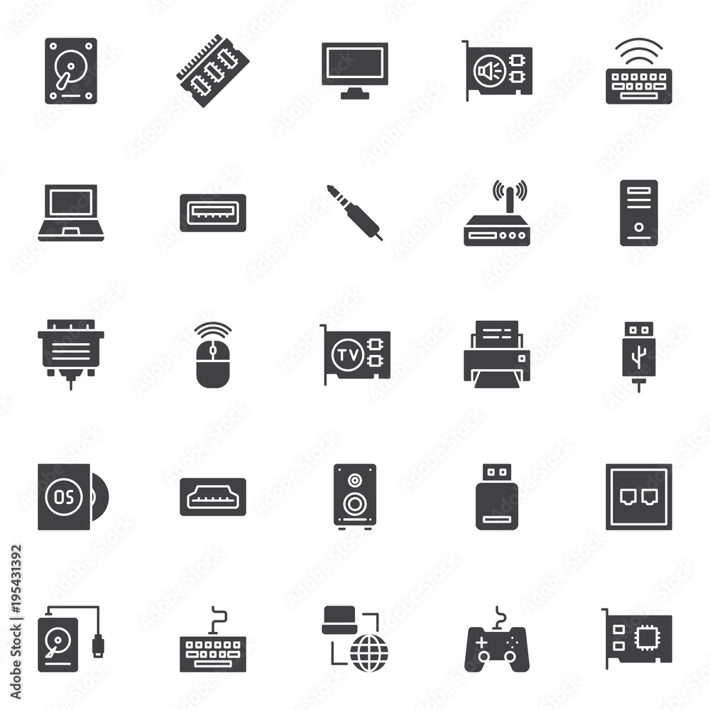 Computer components vector icons set, modern solid symbol collection ...