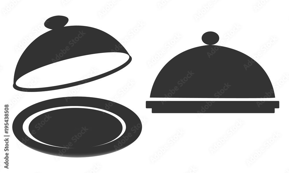 Plate. Black icon. Open empty metal silver platter and cloche with ...