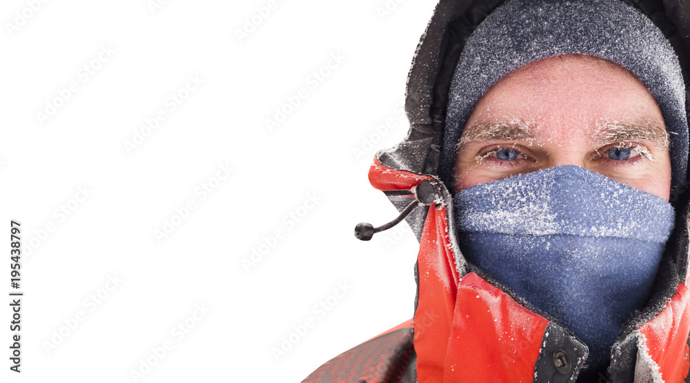 frozen man face in winter scene isolated on white background Stock ...