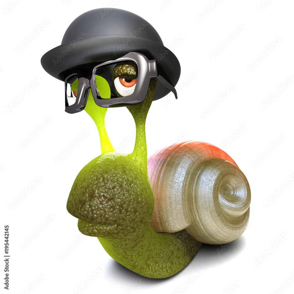 3d Funny cartoon snail bug character wearing a bowler hat Stock ...