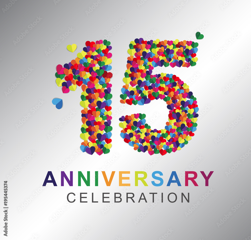 Number fifteen, 15th years made from multicolor hearts. Love alphabet ...