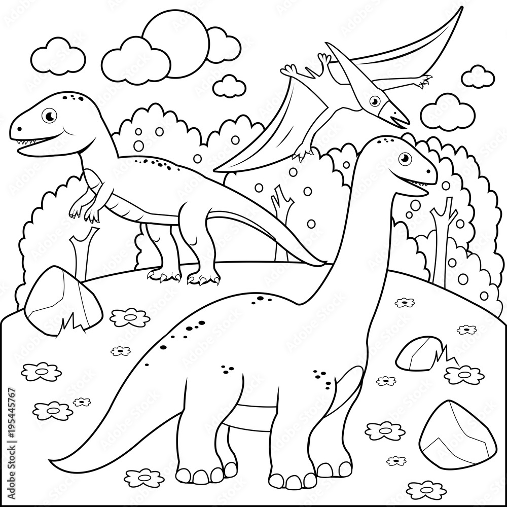 Prehistoric landscape with dinosaurs. Vector black and white coloring ...