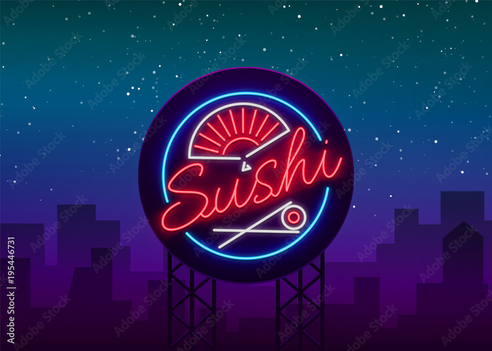 Sushi logo in neon style. Bright neon sign with text is isolated ...