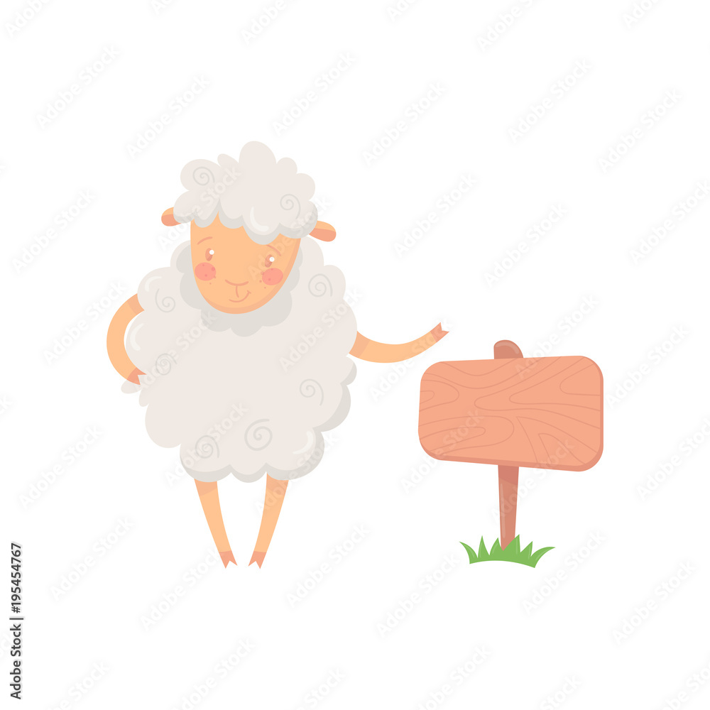 Cartoon sheep character standing near wooden signboard. Funny domestic ...