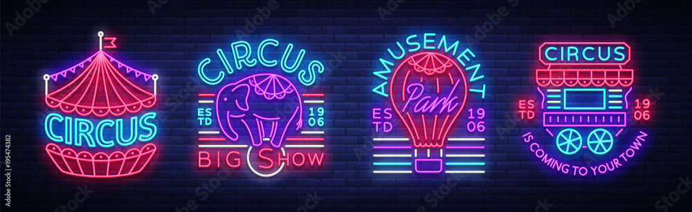 Circus collection of neon signs. Set of logos for circus in neon style ...