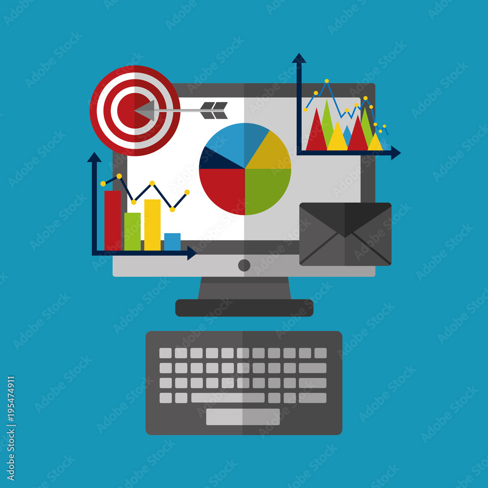 computer with infographic elements on screen statistics target diagrams ...