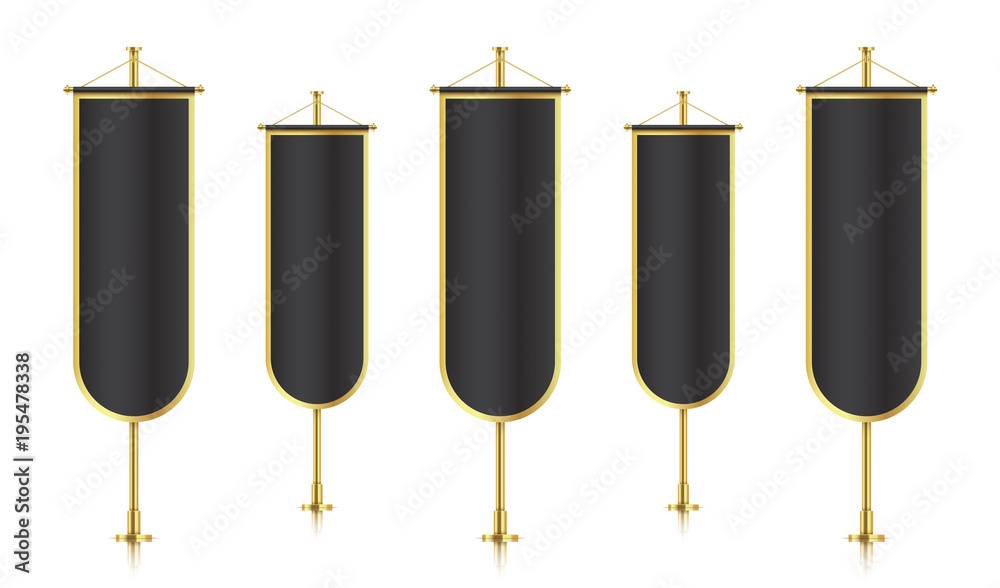 Vetor de Black vertical banner flags with golden strokes, standing in a ...