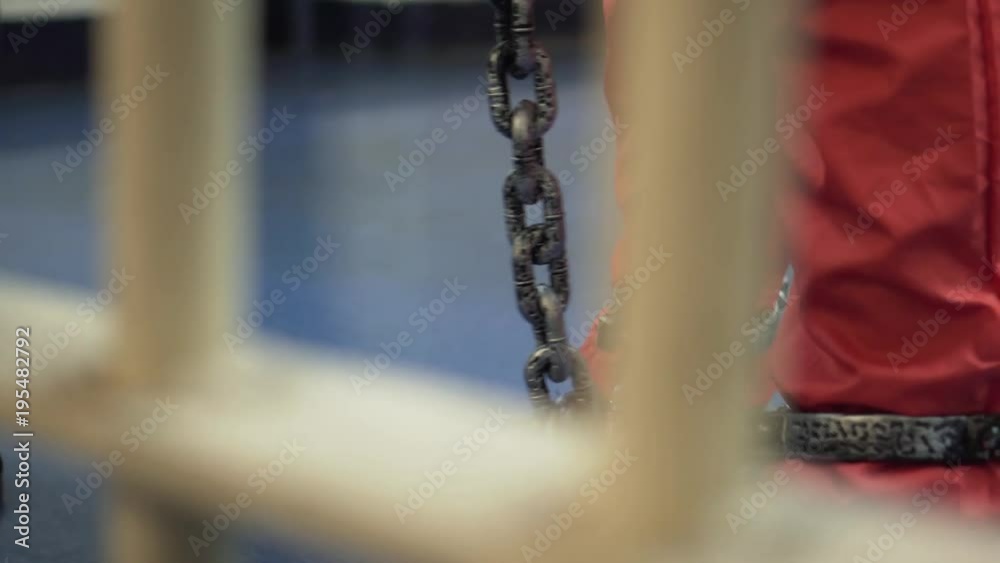 Dangerous Prisoner In Shackles Restraints, Neck, Feet And Hands, Modern ...