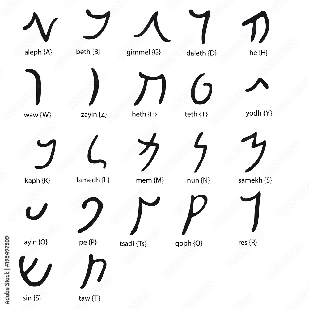Hand drawn aramaic alphabet, black isolated on white background. Stock ...