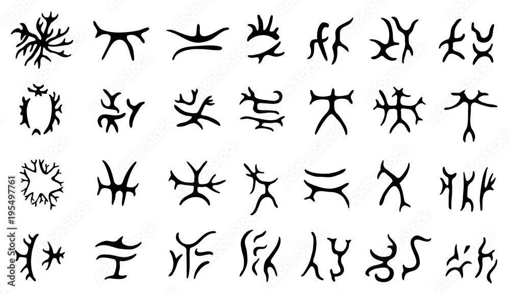 Set of hand drawn lichen glyphs , ancient magical symbols for ...