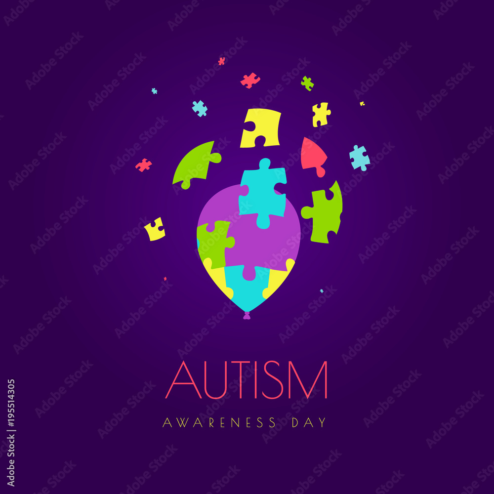 Autism awareness day vector poster on purple background. Jigsaw balloon ...