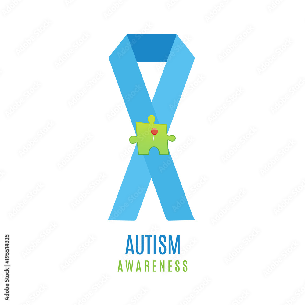 Autism awareness poster with a puzzle piece pinned to a ribbon. Social ...