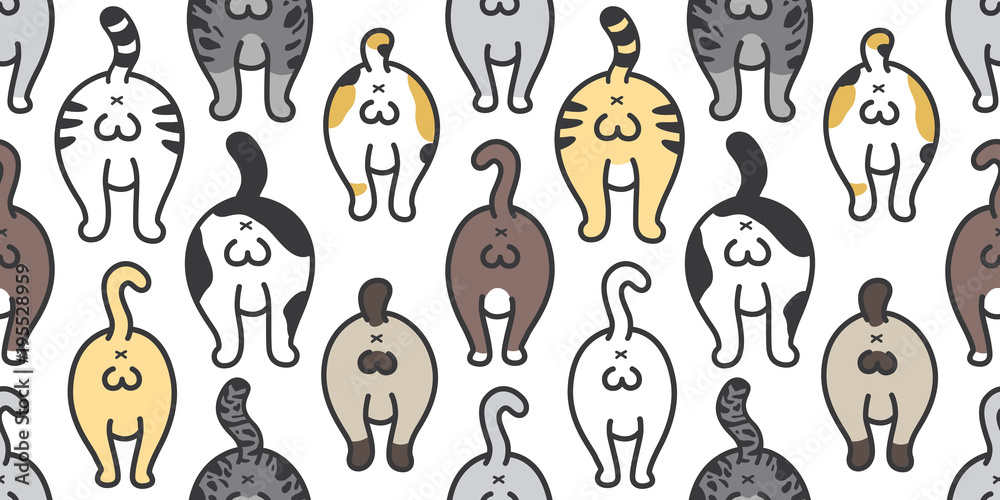 Cat Seamless Pattern vector kitten breed butt of cat isolated doodle ...