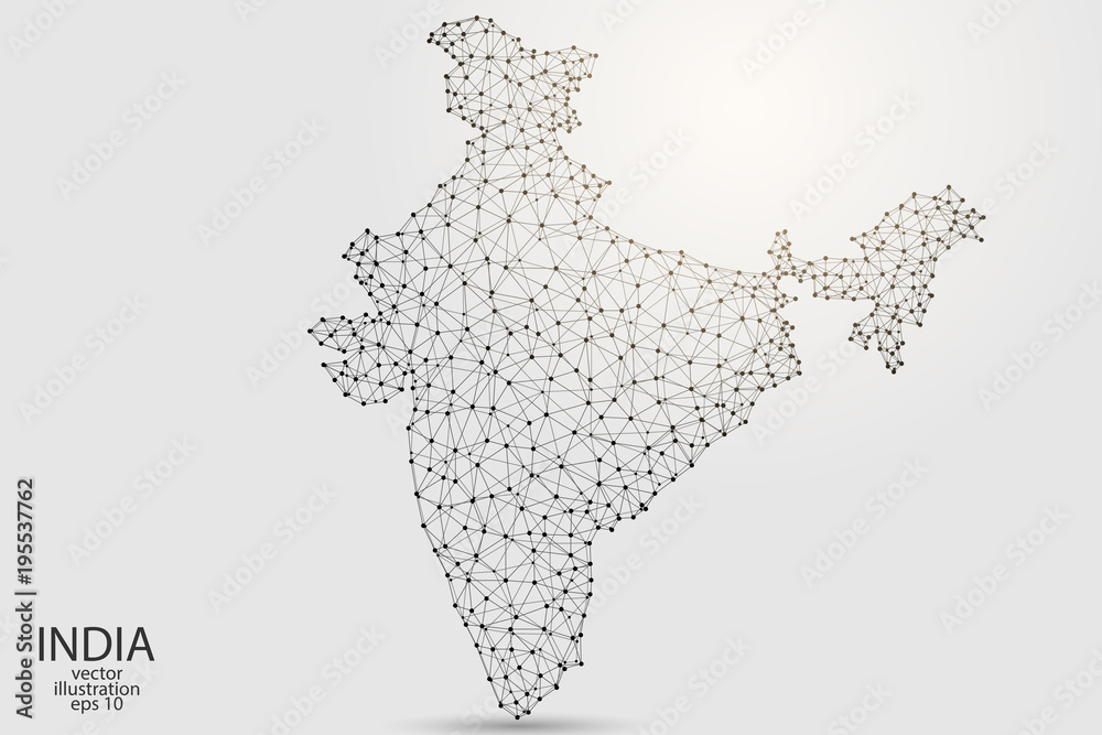 India map consisting of 3D triangles, lines, points and connections ...