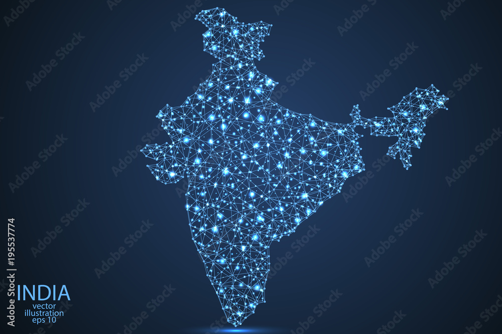 India map consisting of 3D triangles, lines, points and connections ...